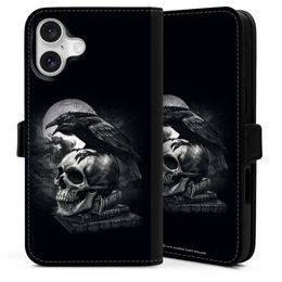DeinDesign iPhone 16 Plus Handy Klapph&uuml;lle Handyh&uuml;lle aus Kunst Leder schwarz Flip Case Raven Skulls Skull Sideflip mit Lasche