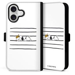 DeinDesign iPhone 16 Handy Klapph&uuml;lle Handyh&uuml;lle aus Kunst Leder schwarz Flip Case Snoopy Dog Peanuts Sideflip mit Lasche