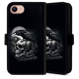 DeinDesign iPhone 16e Handy Klapph&uuml;lle Handyh&uuml;lle aus Kunst Leder schwarz Flip Case Raven Skulls Skull Sideflip mit Lasche