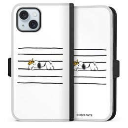 DeinDesign iPhone 15 Handy Klapph&uuml;lle Handyh&uuml;lle aus Kunst Leder schwarz Flip Case Snoopy Dog Peanuts Sideflip mit Lasche