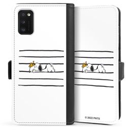 DeinDesign Galaxy A41 Handy Klapph&uuml;lle Handyh&uuml;lle aus Kunst Leder schwarz Flip Case Snoopy Dog Peanuts Sideflip mit Lasche