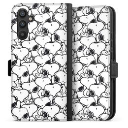 DeinDesign Galaxy A34 5G Handy Klapph&uuml;lle Handyh&uuml;lle aus Kunst Leder schwarz Flip Case Peanuts Snoopy Muster Sideflip mit Lasche