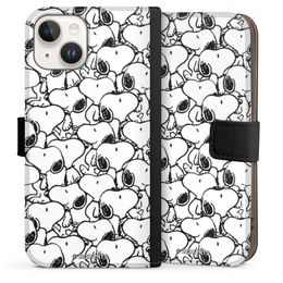 DeinDesign iPhone 14 Handy Klapph&uuml;lle Handyh&uuml;lle aus Kunst Leder schwarz Flip Case Peanuts Snoopy Muster Sideflip mit Lasche
