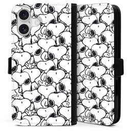 DeinDesign iPhone 16 Plus Handy Klapph&uuml;lle Handyh&uuml;lle aus Kunst Leder schwarz Flip Case Peanuts Snoopy Muster Sideflip mit Lasche
