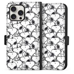 DeinDesign iPhone 15 Pro Max Handy Klapph&uuml;lle Handyh&uuml;lle aus Kunst Leder schwarz Flip Case Peanuts Snoopy Muster Sideflip mit Lasche