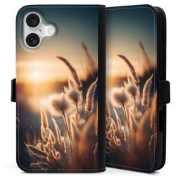DeinDesign iPhone 16 Plus Handy Klapph&uuml;lle Handyh&uuml;lle aus Kunst Leder schwarz Flip Case Sun Pampasgras Nature Sideflip mit Lasche