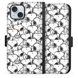 DeinDesign iPhone 15 Handy Klapph&uuml;lle Handyh&uuml;lle aus Kunst Leder schwarz Flip Case Peanuts Snoopy Muster Sideflip mit Lasche