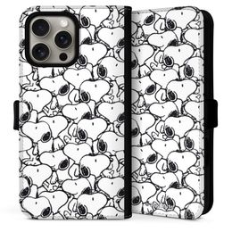 DeinDesign iPhone 16 Pro Handy Klapph&uuml;lle Handyh&uuml;lle aus Kunst Leder schwarz Flip Case Peanuts Snoopy Muster Sideflip mit Lasche