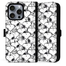DeinDesign iPhone 16 Pro Max Handy Klapph&uuml;lle Handyh&uuml;lle aus Kunst Leder schwarz Flip Case Peanuts Snoopy Muster Sideflip mit Lasche