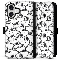 DeinDesign iPhone 16 Handy Klapph&uuml;lle Handyh&uuml;lle aus Kunst Leder schwarz Flip Case Peanuts Snoopy Muster Sideflip mit Lasche