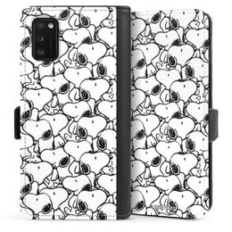DeinDesign Galaxy A41 Handy Klapph&uuml;lle Handyh&uuml;lle aus Kunst Leder schwarz Flip Case Peanuts Snoopy Muster Sideflip mit Lasche