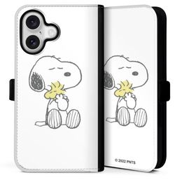 DeinDesign iPhone 16 Handy Klapph&uuml;lle Handyh&uuml;lle aus Kunst Leder schwarz Flip Case Snoopy Love Peanuts Sideflip mit Lasche