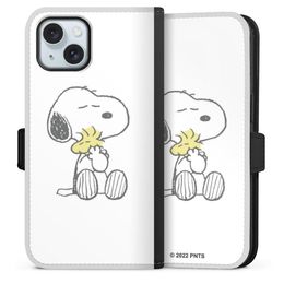 DeinDesign iPhone 15 Handy Klapph&uuml;lle Handyh&uuml;lle aus Kunst Leder schwarz Flip Case Snoopy Love Peanuts Sideflip mit Lasche