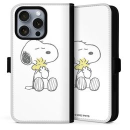 DeinDesign iPhone 16 Pro Max Handy Klapph&uuml;lle Handyh&uuml;lle aus Kunst Leder schwarz Flip Case Snoopy Love Peanuts Sideflip mit Lasche