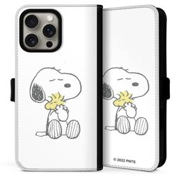 DeinDesign iPhone 16 Pro Handy Klapph&uuml;lle Handyh&uuml;lle aus Kunst Leder schwarz Flip Case Snoopy Love Peanuts Sideflip mit Lasche