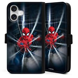 DeinDesign iPhone 16 Plus Handy Klapph&uuml;lle Handyh&uuml;lle aus Kunst Leder schwarz Flip Case Kinofilm Marvel Spiderman Sideflip mit Lasche