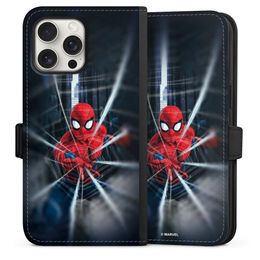 DeinDesign iPhone 15 Pro Max Handy Klapph&uuml;lle Handyh&uuml;lle aus Kunst Leder schwarz Flip Case Kinofilm Marvel Spiderman Sideflip mit Lasche