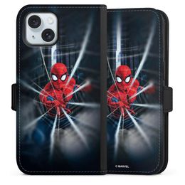 DeinDesign iPhone 15 Handy Klapph&uuml;lle Handyh&uuml;lle aus Kunst Leder schwarz Flip Case Kinofilm Marvel Spiderman Sideflip mit Lasche