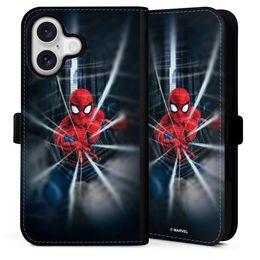 DeinDesign iPhone 16 Handy Klapph&uuml;lle Handyh&uuml;lle aus Kunst Leder schwarz Flip Case Kinofilm Marvel Spiderman Sideflip mit Lasche