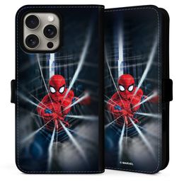 DeinDesign iPhone 16 Pro Handy Klapph&uuml;lle Handyh&uuml;lle aus Kunst Leder schwarz Flip Case Kinofilm Marvel Spiderman Sideflip mit Lasche