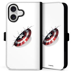 DeinDesign iPhone 16 Handy Klapph&uuml;lle Handyh&uuml;lle aus Kunst Leder schwarz Flip Case Captain America Official Licensed Product Marvel Sideflip mit Lasche
