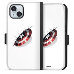 DeinDesign iPhone 15 Handy Klapph&uuml;lle Handyh&uuml;lle aus Kunst Leder schwarz Flip Case Captain America Official Licensed Product Marvel Sideflip mit Lasche