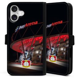 DeinDesign iPhone 16 Plus Handy Klapph&uuml;lle Handyh&uuml;lle aus Kunst Leder schwarz Flip Case Official Licensed Product Bayer 04 Leverkusen Stadium Sideflip mit Lasche