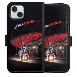 DeinDesign iPhone 15 Handy Klapph&uuml;lle Handyh&uuml;lle aus Kunst Leder schwarz Flip Case Official Licensed Product Bayer 04 Leverkusen Stadium Sideflip mit Lasche