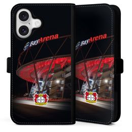 DeinDesign iPhone 16 Handy Klapph&uuml;lle Handyh&uuml;lle aus Kunst Leder schwarz Flip Case Official Licensed Product Bayer 04 Leverkusen Stadium Sideflip mit Lasche