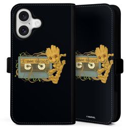 DeinDesign iPhone 16 Handy Klapph&uuml;lle Handyh&uuml;lle aus Kunst Leder schwarz Flip Case Guardians Of The Galaxy Groot Marvel Sideflip mit Lasche