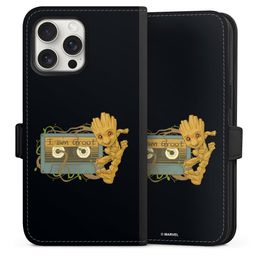 DeinDesign iPhone 15 Pro Max Handy Klapph&uuml;lle Handyh&uuml;lle aus Kunst Leder schwarz Flip Case Guardians Of The Galaxy Groot Marvel Sideflip mit Lasche