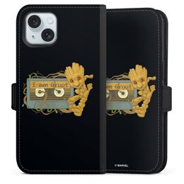 DeinDesign iPhone 15 Handy Klapph&uuml;lle Handyh&uuml;lle aus Kunst Leder schwarz Flip Case Guardians Of The Galaxy Groot Marvel Sideflip mit Lasche