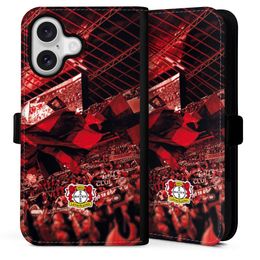 DeinDesign iPhone 16 Handy Klapph&uuml;lle Handyh&uuml;lle aus Kunst Leder schwarz Flip Case Merchandise Official Licensed Product Bayer 04 Leverkusen Sideflip mit Lasche