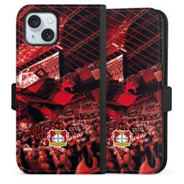 DeinDesign iPhone 15 Handy Klapph&uuml;lle Handyh&uuml;lle aus Kunst Leder schwarz Flip Case Merchandise Official Licensed Product Bayer 04 Leverkusen Sideflip mit Lasche