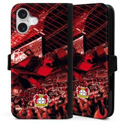 DeinDesign iPhone 16 Plus Handy Klapph&uuml;lle Handyh&uuml;lle aus Kunst Leder schwarz Flip Case Merchandise Official Licensed Product Bayer 04 Leverkusen Sideflip mit 