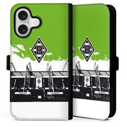 DeinDesign iPhone 16 Handy Klapph&uuml;lle Handyh&uuml;lle aus Kunst Leder schwarz Flip Case Merchandise Borussia M&ouml;nchengladbach Stadium Sideflip mit Lasche