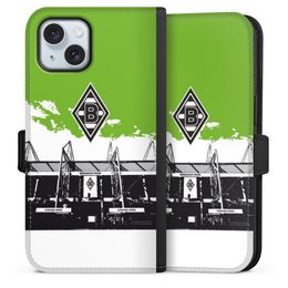 DeinDesign iPhone 15 Handy Klapph&uuml;lle Handyh&uuml;lle aus Kunst Leder schwarz Flip Case Merchandise Borussia M&ouml;nchengladbach Stadium Sideflip mit Lasche