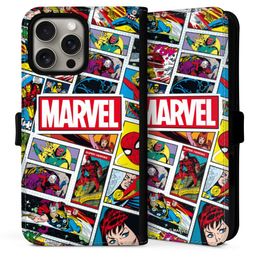 DeinDesign iPhone 16 Pro Handy Klapph&uuml;lle Handyh&uuml;lle aus Kunst Leder schwarz Flip Case Muster Comic Marvel Sideflip mit Lasche