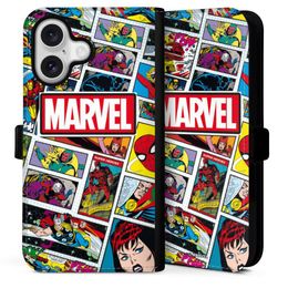 DeinDesign iPhone 16 Handy Klapph&uuml;lle Handyh&uuml;lle aus Kunst Leder schwarz Flip Case Muster Comic Marvel Sideflip mit Lasche
