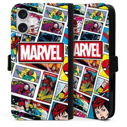 DeinDesign iPhone 16 Plus Handy Klapph&uuml;lle Handyh&uuml;lle aus Kunst Leder schwarz Flip Case Muster Comic Marvel Sideflip mit Lasche