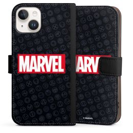 DeinDesign iPhone 14 Handy Klapph&uuml;lle Handyh&uuml;lle aus Kunst Leder schwarz Flip Case Logo Marvel Comic Sideflip mit Lasche