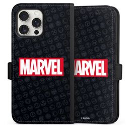 DeinDesign iPhone 15 Pro Max Handy Klapph&uuml;lle Handyh&uuml;lle aus Kunst Leder schwarz Flip Case Logo Marvel Comic Sideflip mit Lasche