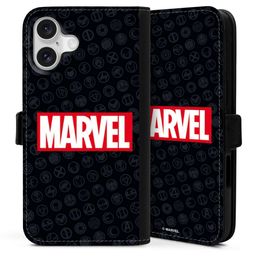 DeinDesign iPhone 16 Plus Handy Klapph&uuml;lle Handyh&uuml;lle aus Kunst Leder schwarz Flip Case Logo Marvel Comic Sideflip mit Lasche