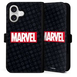 DeinDesign iPhone 16 Handy Klapph&uuml;lle Handyh&uuml;lle aus Kunst Leder schwarz Flip Case Logo Marvel Comic Sideflip mit Lasche