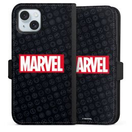 DeinDesign iPhone 15 Handy Klapph&uuml;lle Handyh&uuml;lle aus Kunst Leder schwarz Flip Case Logo Marvel Comic Sideflip mit Lasche