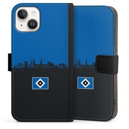 DeinDesign iPhone 14 Handy Klapph&uuml;lle Handyh&uuml;lle aus Kunst Leder schwarz Flip Case Hsv Skyline Hamburg Sideflip mit Lasche