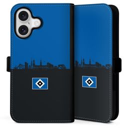 DeinDesign iPhone 16 Handy Klapph&uuml;lle Handyh&uuml;lle aus Kunst Leder schwarz Flip Case Hsv Skyline Hamburg Sideflip mit Lasche