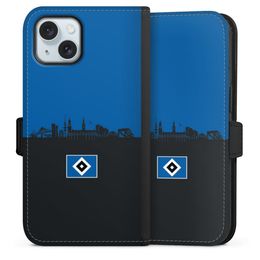 DeinDesign iPhone 15 Handy Klapph&uuml;lle Handyh&uuml;lle aus Kunst Leder schwarz Flip Case Hsv Skyline Hamburg Sideflip mit Lasche