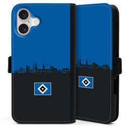 DeinDesign iPhone 16 Plus Handy Klapph&uuml;lle Handyh&uuml;lle aus Kunst Leder schwarz Flip Case Hsv Skyline Hamburg Sideflip mit Lasche
