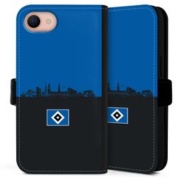 DeinDesign iPhone 16e Handy Klapph&uuml;lle Handyh&uuml;lle aus Kunst Leder schwarz Flip Case Hsv Skyline Hamburg Sideflip mit Lasche
